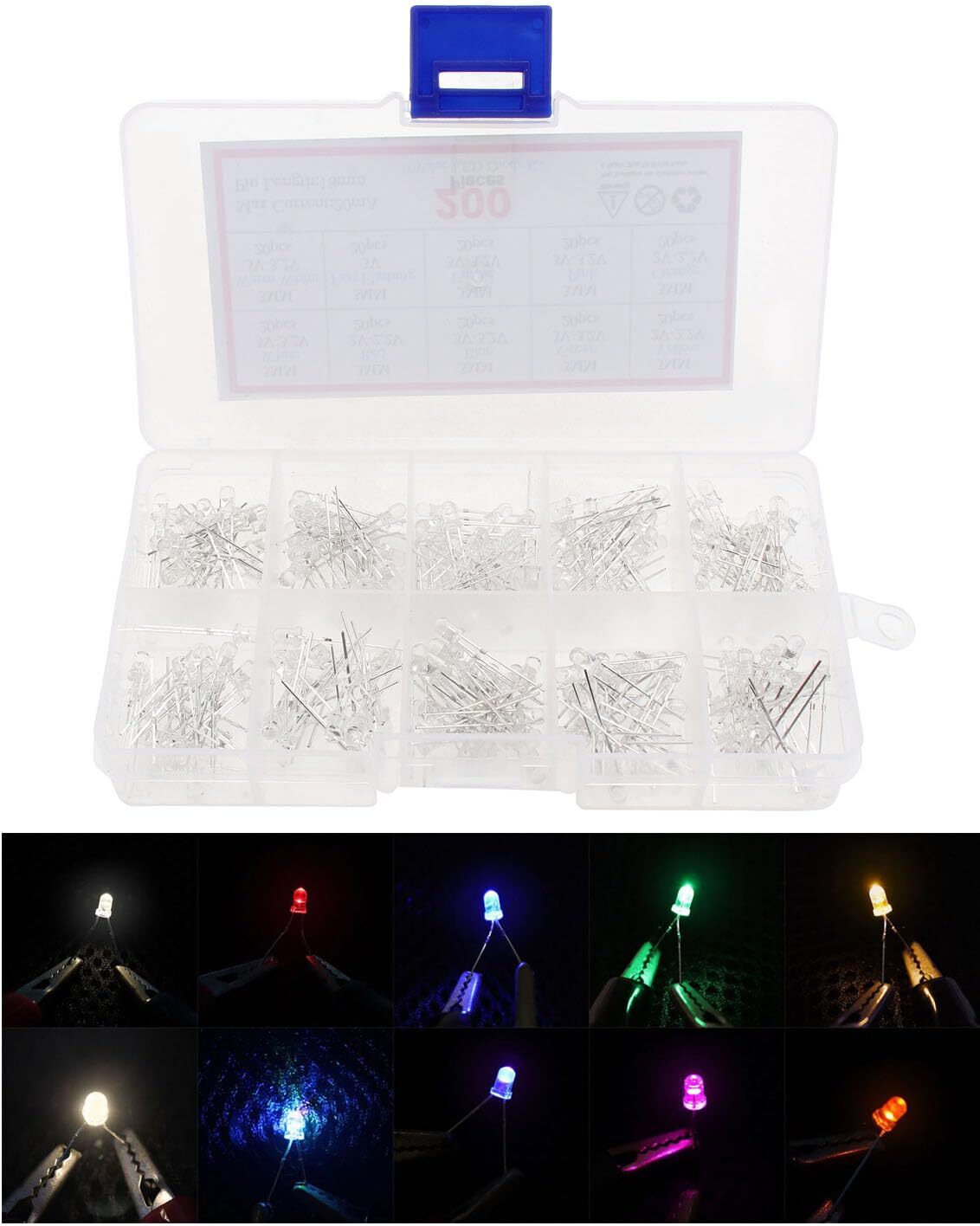 200pcs 3mm LED Diode Lights Assortment Clear Transparent Lens 10 Colors ...