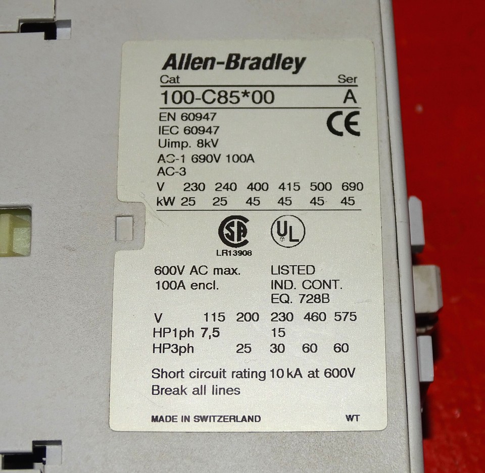 120 Volt AC coil, 100 Amp, 3-pole ,100-C85*00 Series A， Allen Bradley ...