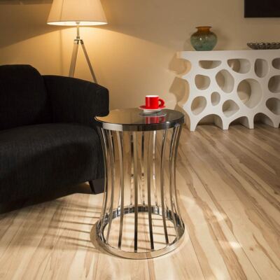 Modern Round Side Lamp Accent Table Stainless Steel Smoked Glass Top ...