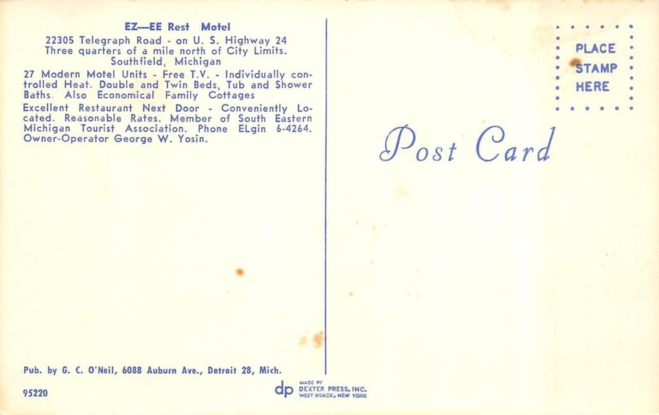 Southfield, MI Michigan EZ-EE REST MOTEL~George Yosin ROADSIDE co1950's ...