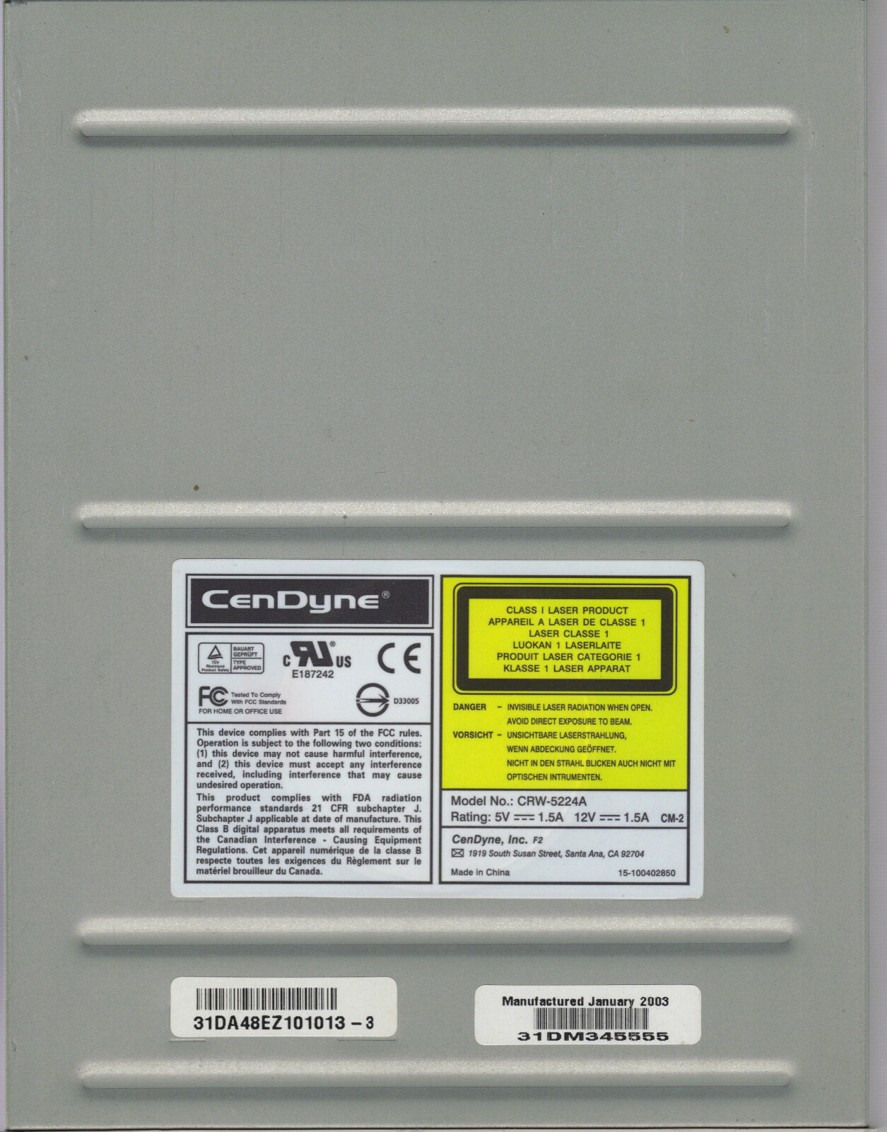 Cendyne CRW 5224A Rewriteable 52x24x52 High Speed Internal CD Rom Drive ...
