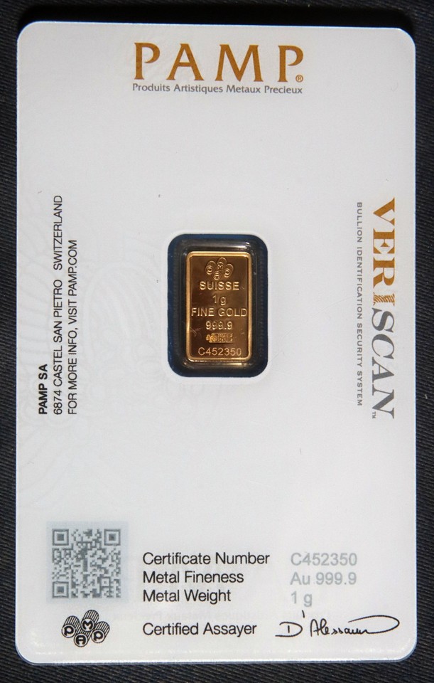 PAMP SUISSE 1 GRAM GOLD BAR .9999 FINE GOLD IN ASSAY CARD LOT 220444 | eBay