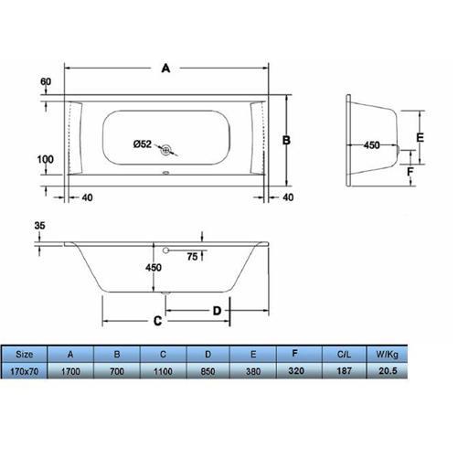 Modern Bathroom Double Ended 1700 x 700mm Square Bath Side Panel ...