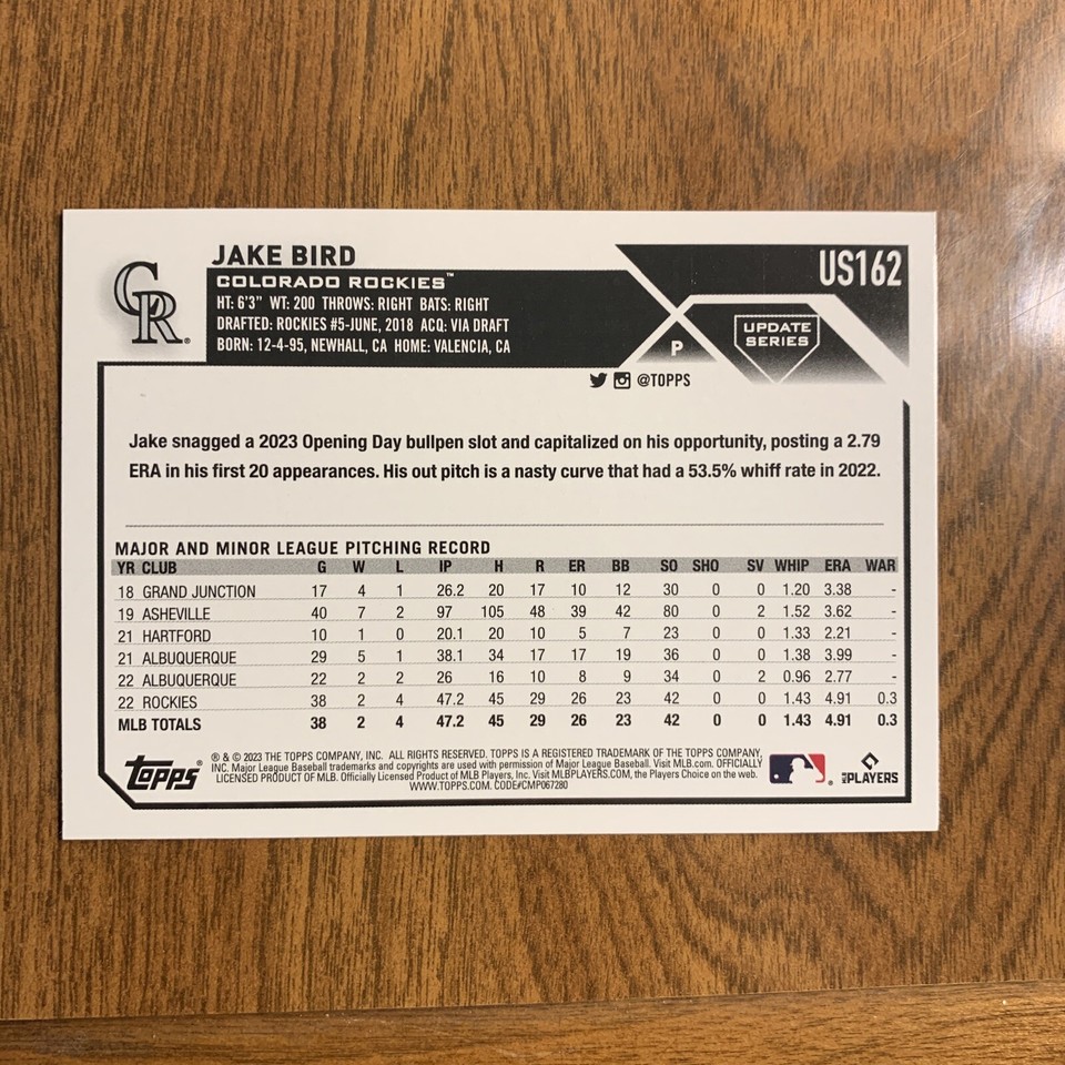 2023 Topps Update Series Baseball Jake Bird Base RC US162 Colorado ...