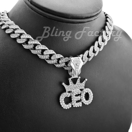 Bling Crowned CEO Pendant & 13mm 16" ~ 24" Iced Cuban Box Lock Chain ...