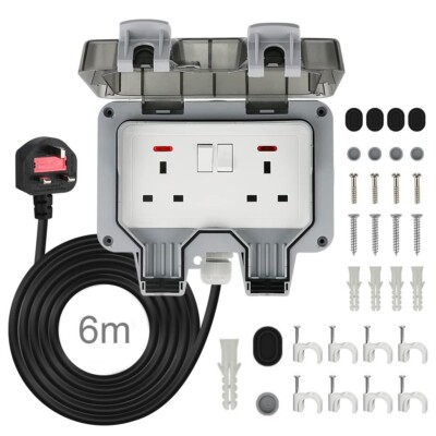 Weatherproof Outdoor Double Socket With 6m Cable Garden Extension Lead ...