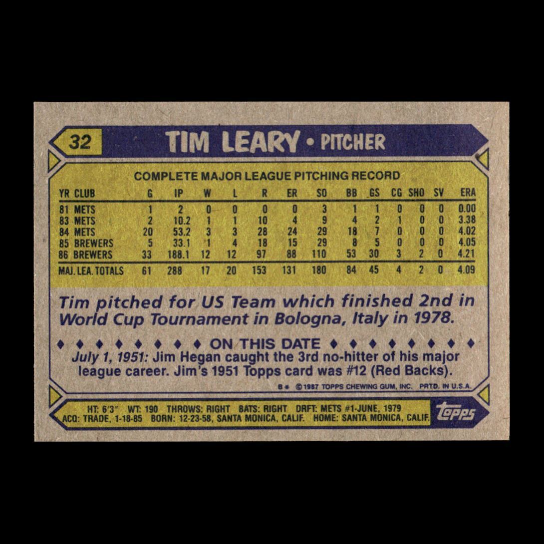 Tim Leary 1987 Topps Milwaukee Brewers #32 Set Break R305 | eBay