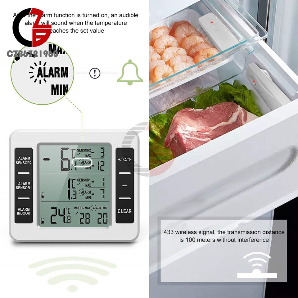 Wireless Digital Refrigerator Freezer Thermometer Temp Alarm Dual ...