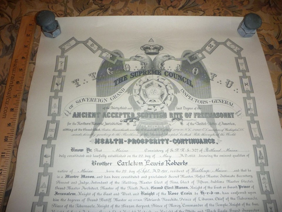 Ancient Accepted Scottish Rite of Freemasonry 1946 Certificate Portland ...