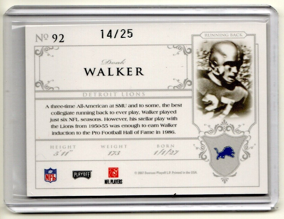 2007 PLAYOFF NATIONAL TREASURES NO. 92 DOAK WALKER SILVER PARALLEL 14/ ...