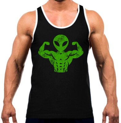 Men's Buff Alien Black Tank Top WT MMA Powerlifting Fitness Gym Workout ...