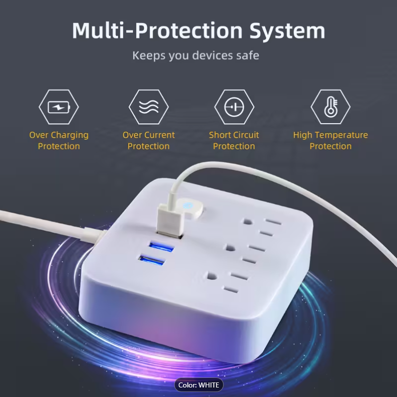 6in1 Power Strip Surge Protector Wall Extender 3 AC Outlets 3 USB Ports ...