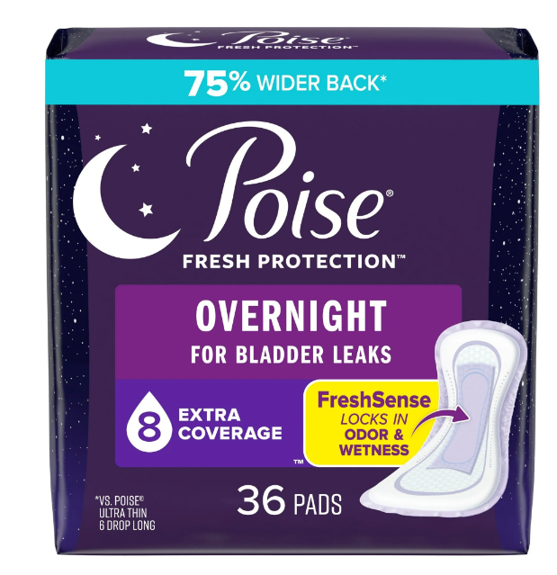 Poise Overnight Incontinence Pads for Women, 8 Drop Extra Coverage, 36 ...