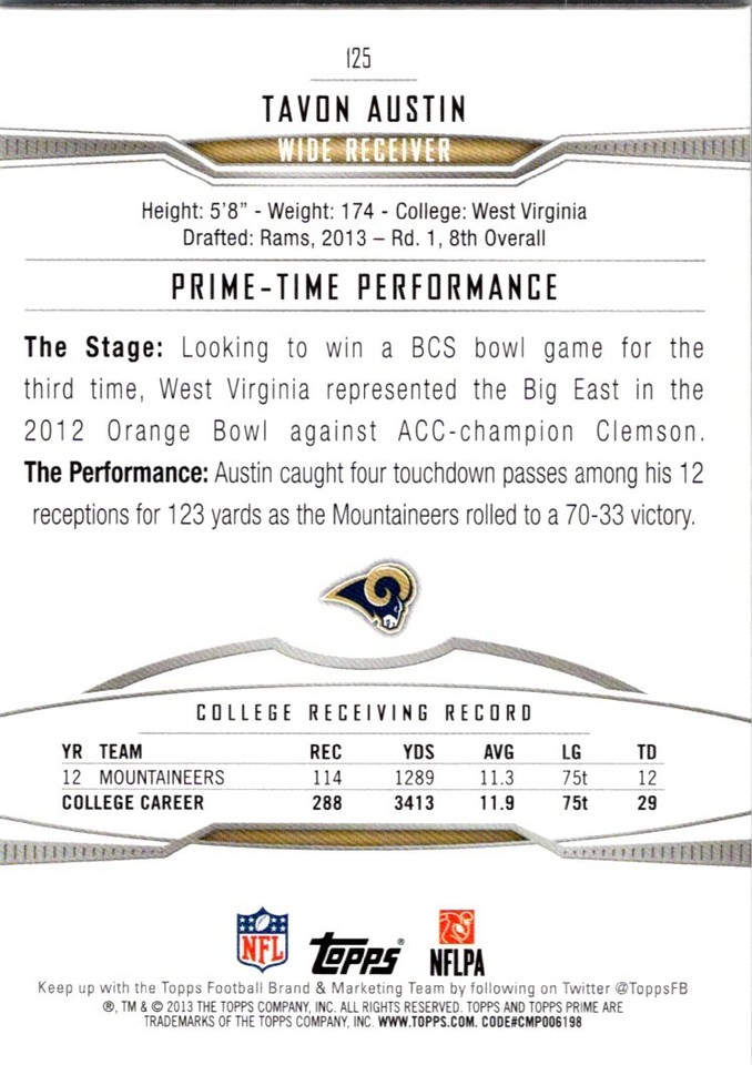 2013 Topps Prime Tavon Austin Rookie St. Louis Rams #125 | eBay