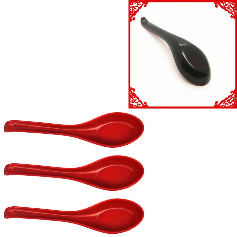 3 Pcs Large Plastic Soup Spoons Asian Style Black And Red With Long ...