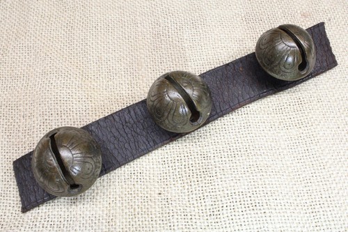 3 Old BRASS Flower Petal #2 SLEIGH BELLS 1800’s Leather Belt Christmas ...