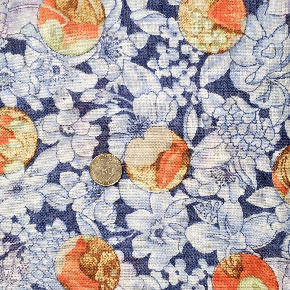 Blue Orange Floral Fabric Loose Weave Gauzy Cotton 1970s Winkler ...