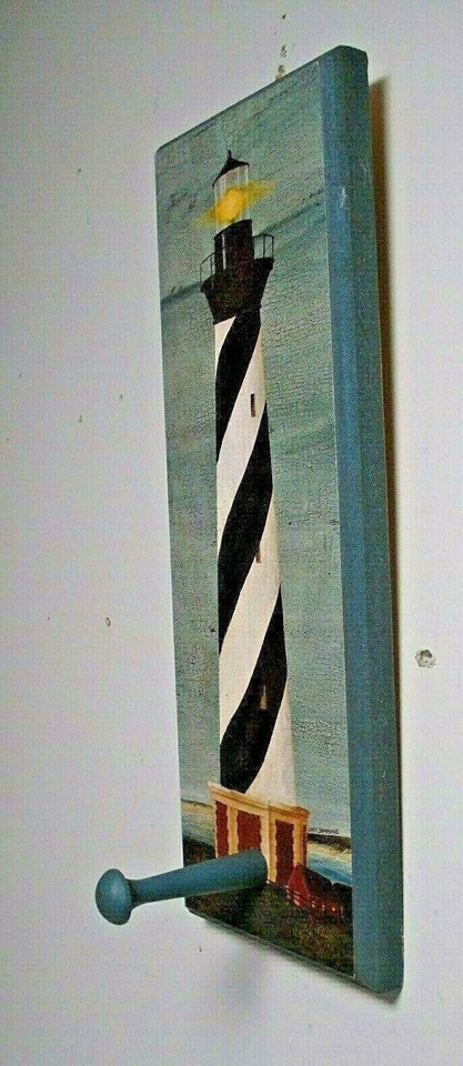 Vtg Wooden Wall hanging lighthouse Coat Hat Rack Peg Hook signed art ...