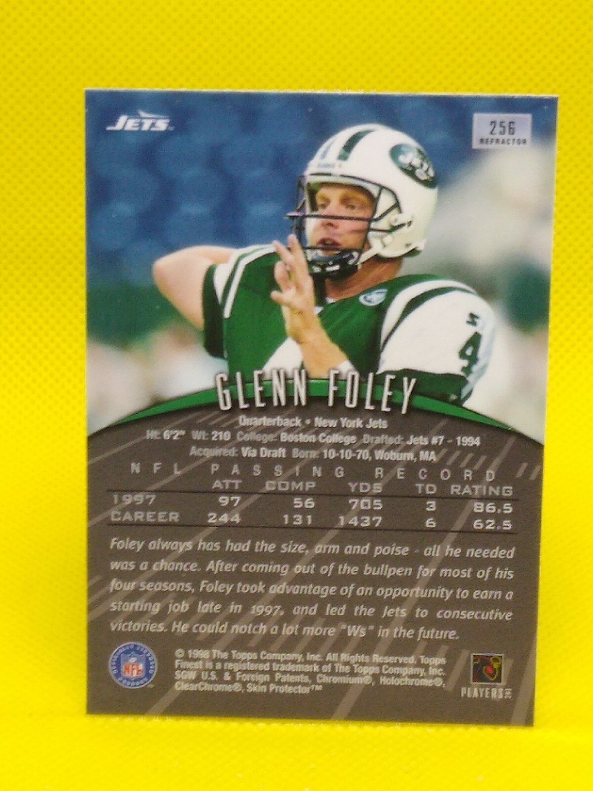 Glenn Foley 1998 Finest REFRACTOR #256 Boston College Eagles New York ...
