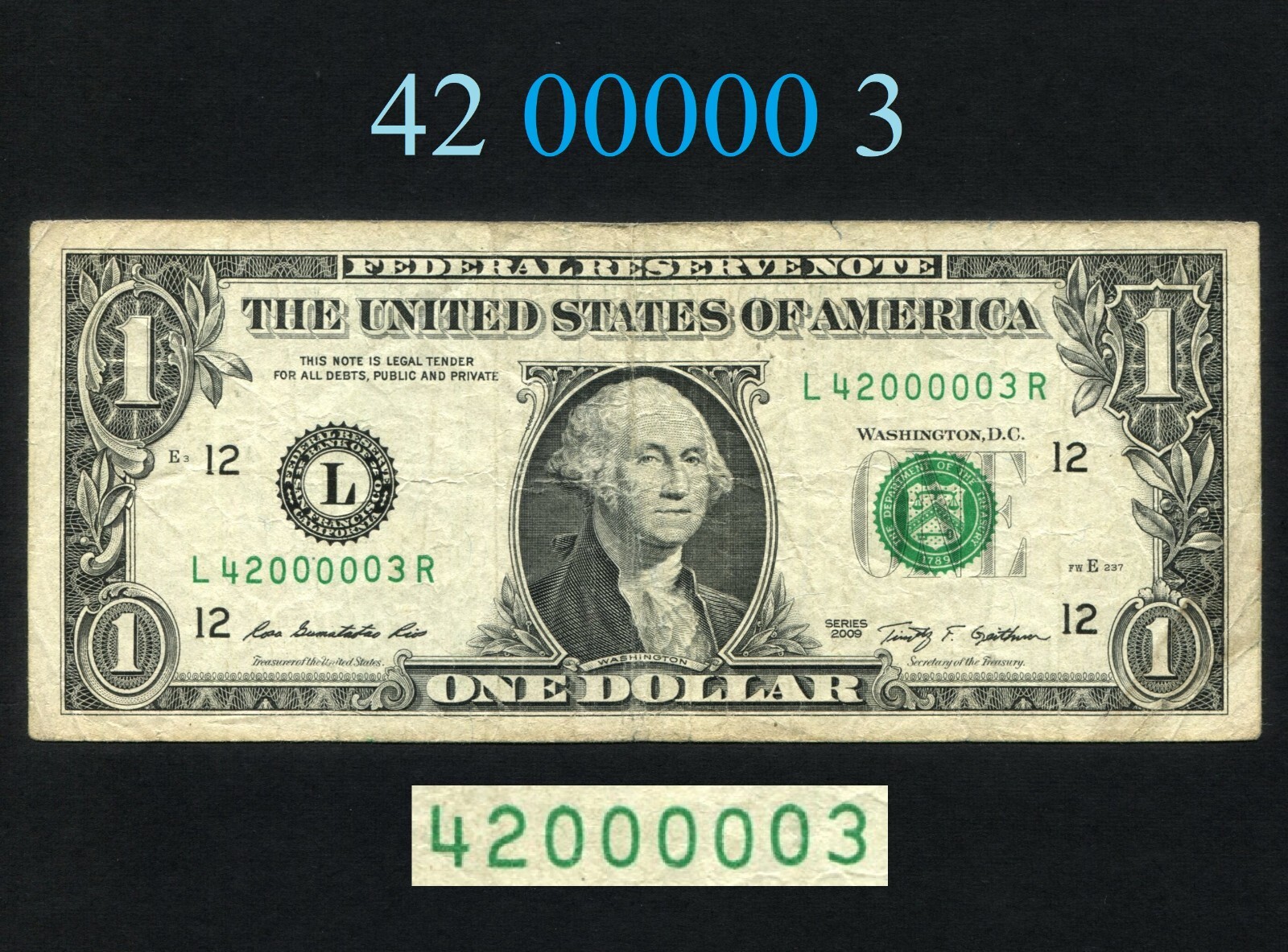 $1 Dollar 2009 Bill Note Fancy 5 In A Row Solid Zeroes Zeros 0's Serial ...