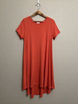 Lularoe Carly Midi Dress Coral Ribbed Hi-Low Hem Short Sleeve Coastal ...