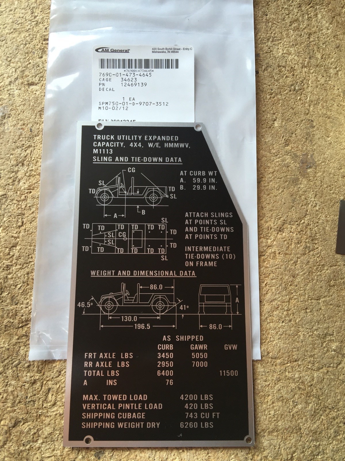 M1113 HMMWV NOS DATA PLATE 7690-01-473-4645 PN 12469139 | eBay