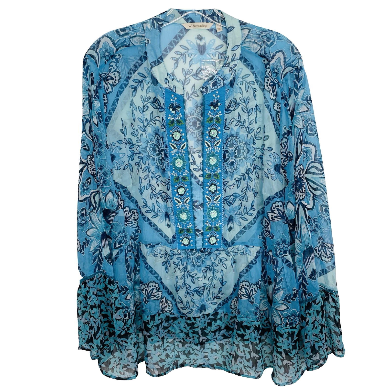 SOFT SURROUNDINGS Oasis Tunic Top 1X NWOT Blue Floral Embroidered Semi ...