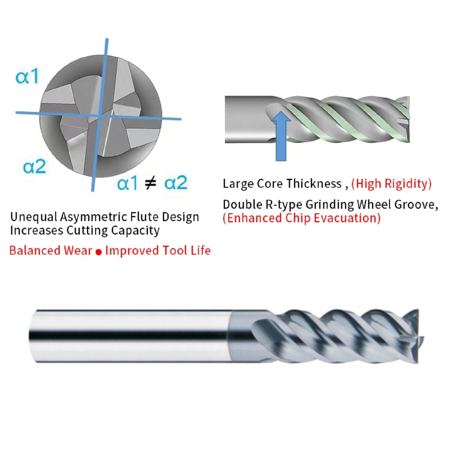 5 PCS 1/4" 4 Flutes Square 45° Helix Carbide End Mill Bits AlTiCrN ...