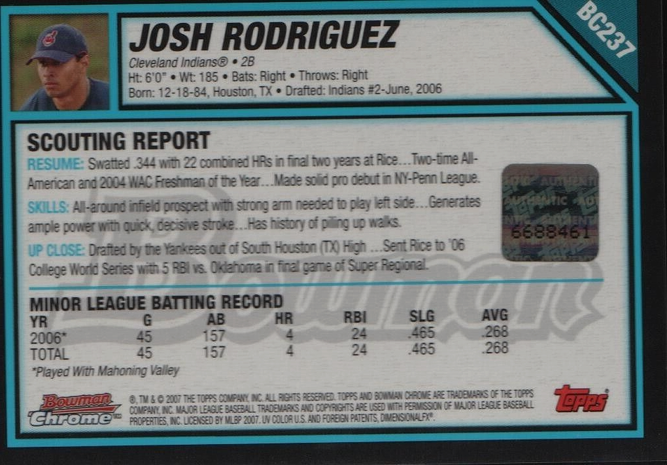 Josh Rodriguez (Indians) 2007 Bowman Chrome Rookie Autograph BC237 ...