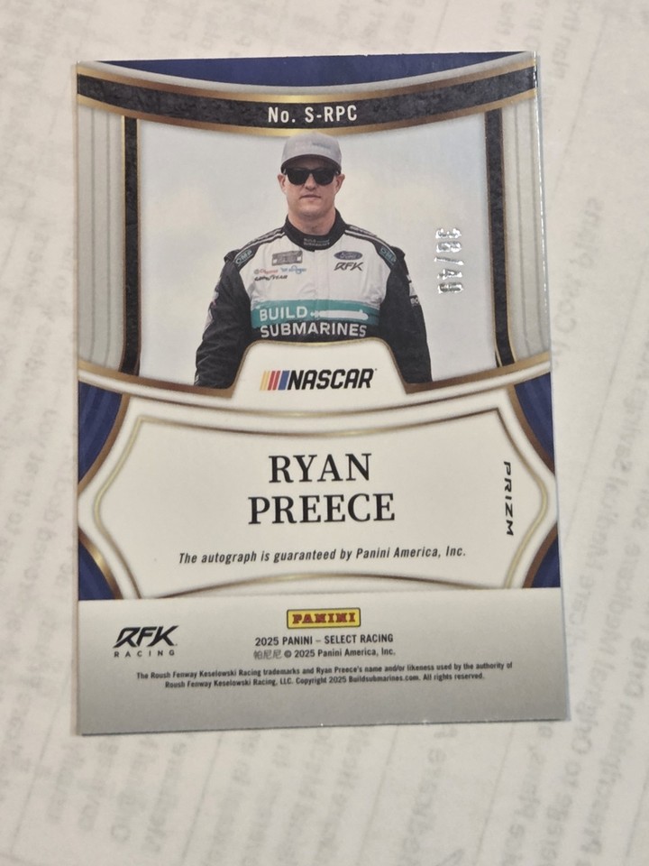 2025 Panini Select NASCAR Ryan Preece Purple Prizm Auto 36/49 ...