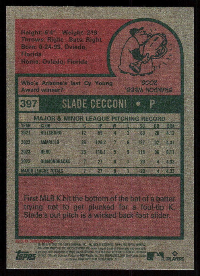 2024 TOPPS HERITAGE SLADE CECCONI #307 Baseball Rookie DIAMONDBACKS RC ...