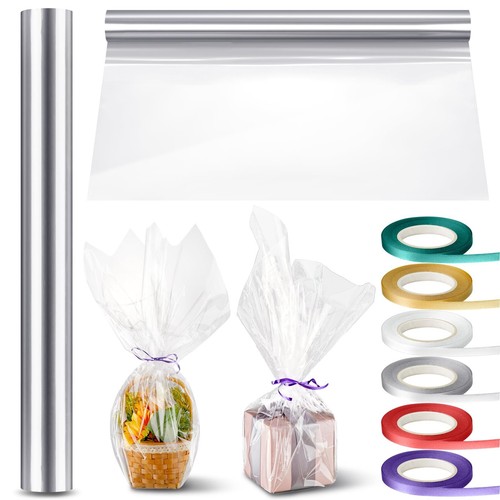 Cellophane Wrap Roll with 6 Rolls Ribbons 16'' x 100ft translucent ...