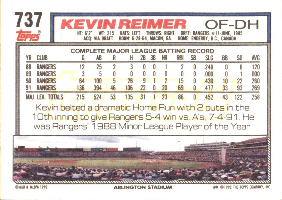 1992 Topps GOLD WINNER #737 Kevin Reimer TEXAS RANGERS | eBay