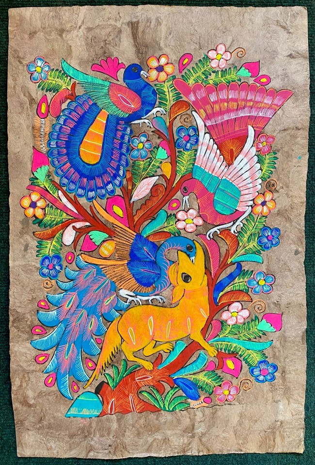 15 1/2 X 23" Mexican Folk Art Amate Bark Painting Aztec Love Bird ...