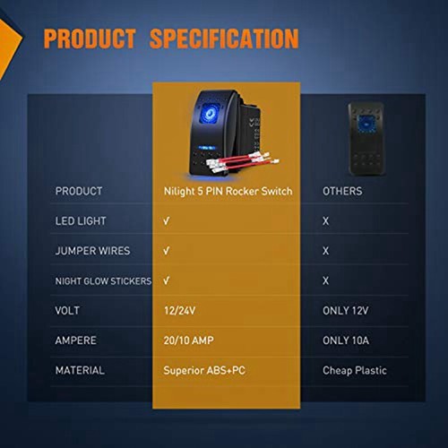 5-Pin SPST Rocker Switch, 20A/12V 10A/24V Tilt Switch, Yacht Switch 5P ...