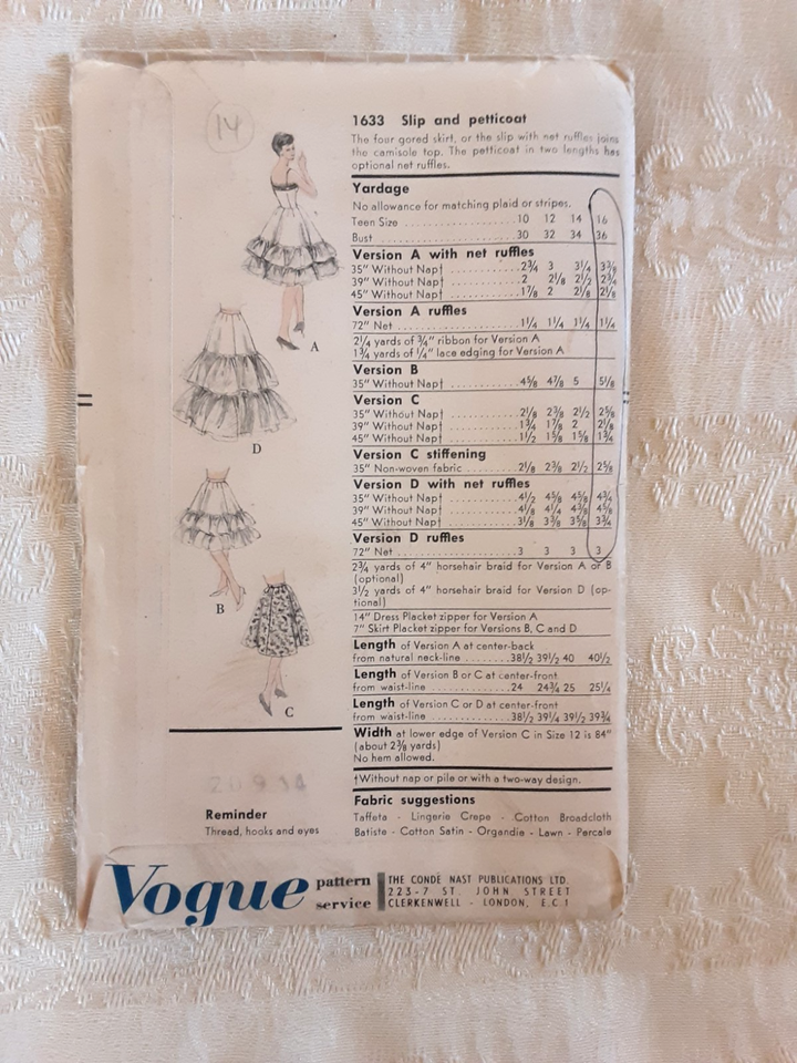 Vintage Sewing Pattern Vogue 1633 Slip & Petticoat 16 B36 Factory ...
