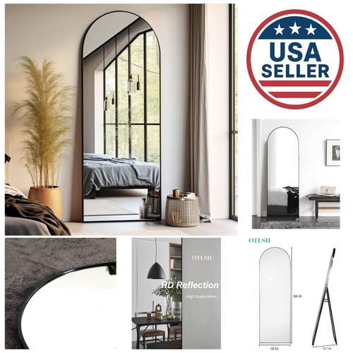 Stylish Arched Floor Mirror with Stand - Modern Black Aluminum, 59 x 18 ...