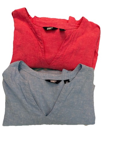 Lands End LOT OF 2 Split Neck 3/4 Sleeve Linen Blend Tunics Pink & Blue ...