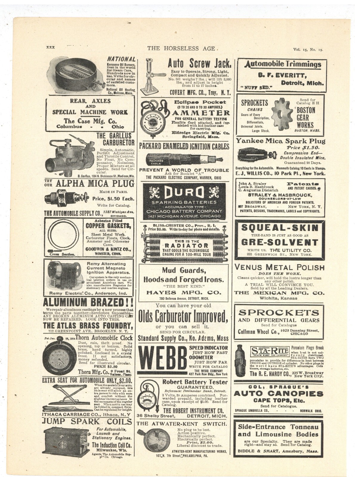 1905 Auto Parts Ads on 1 Pg: Alpha Mica Spark Plug, Yankee Mica, Sta ...