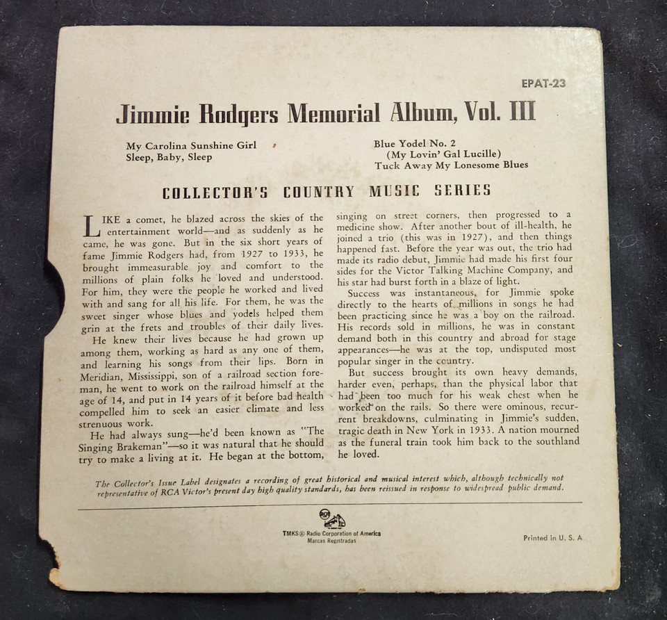 45 JIMMIE RODGERS MEMORIAL ALBUM VOLUME 3 1952 RCA VICTOR EPAT 23 ...