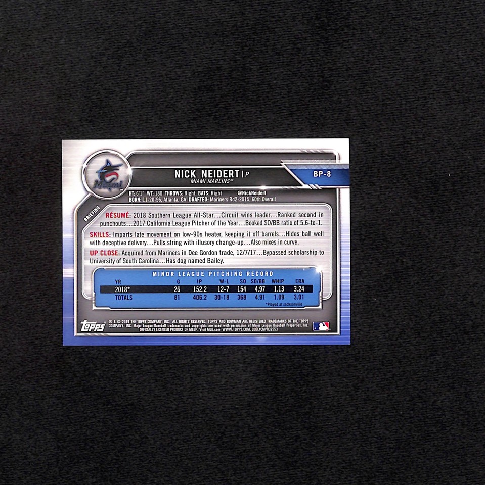 Nick Neidert 2019 Bowman - Prospects Sky Blue #/499 #BP-8 Miami Marlins ...