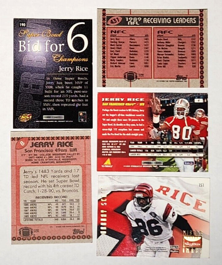 Jerry Rice Card Lot (5 Cards) Pinnacle Upper Deck, Topps, Skybox Mirror ...