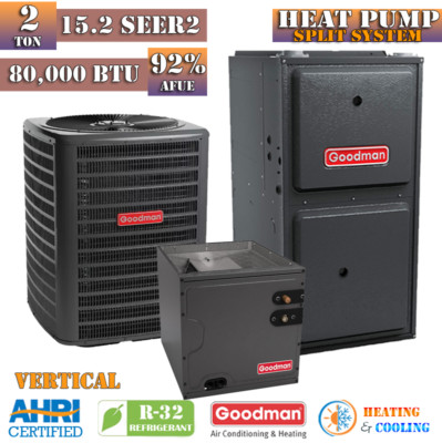 Goodman R32 2 Ton Heat Pump & Gas Furnace 15.2 SEER2 92% 80000 BTU ...