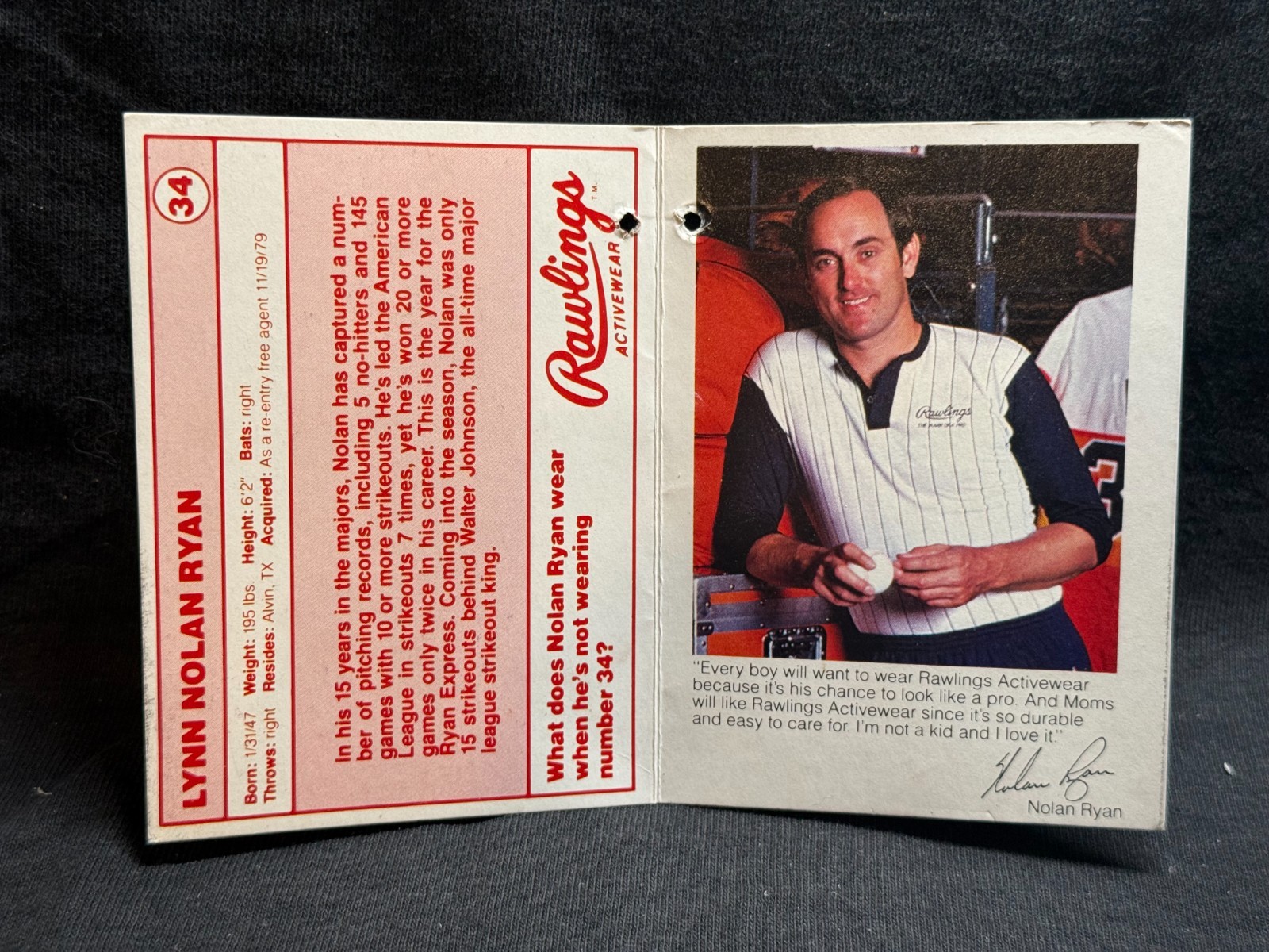 1983 Rawlings Nolan Ryan Baseball Card Booklet Foldout Laundry Tag ...