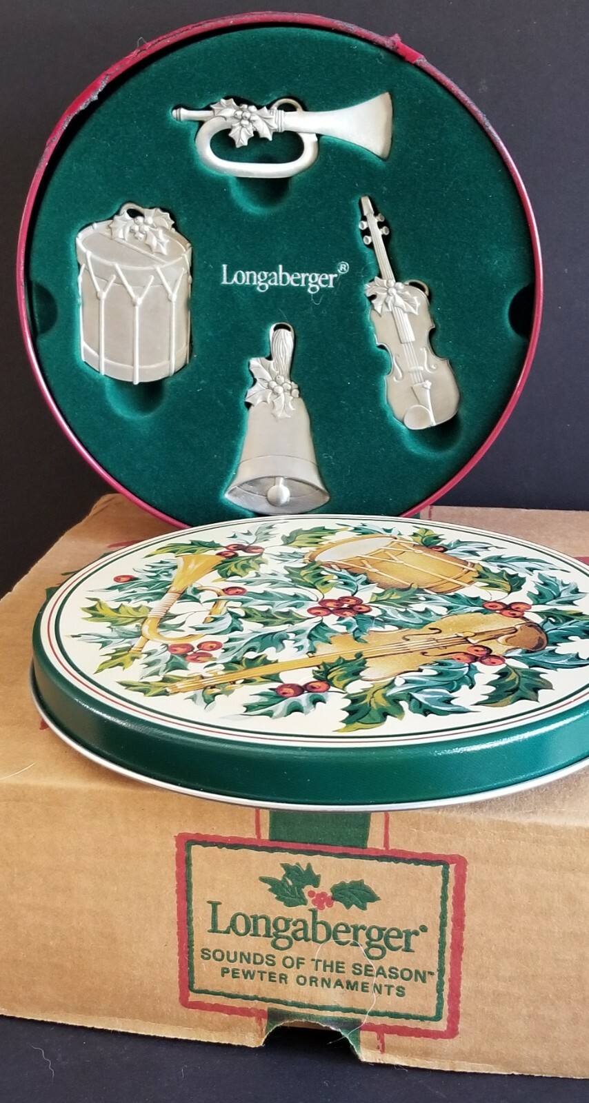 LONGABERGER CHRISTMAS SOUNDS OF THE SEASON PEWTER INSTRUMENT ORNAMENTS ...