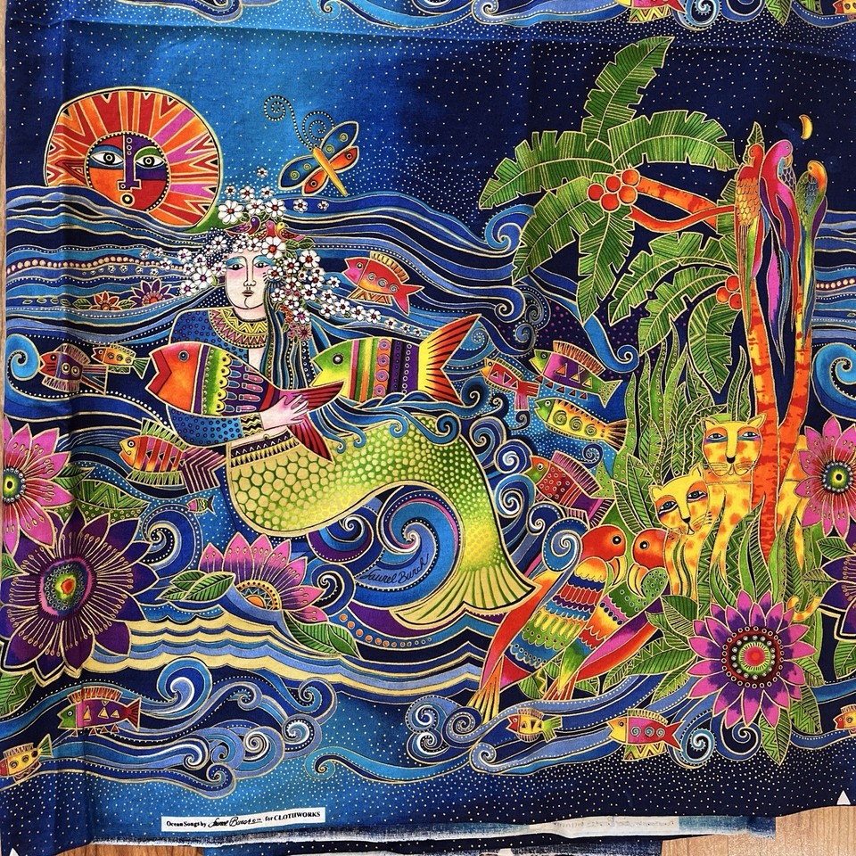 Ocean Songs Blue Waves Mermaid Fish Forest Animals Floral Panel Laurel ...