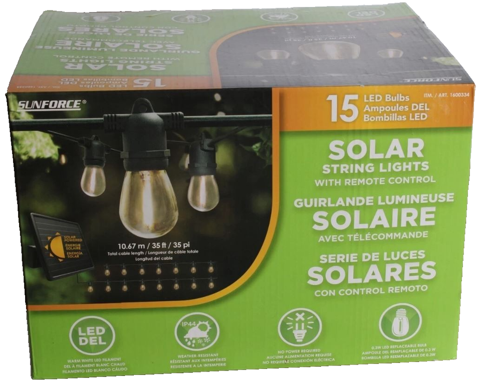 SunForce LED Bulbs Solar String Lights with Remote Control (Pack of 15 ...