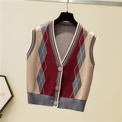 Vintage Style Women Knitted Check Vest Waistcoat Gilet Cardigan Top ...