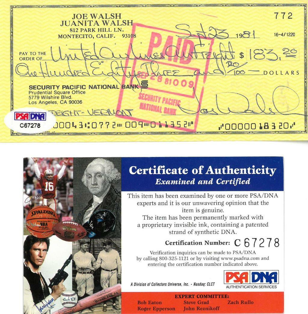 Joe Walsh Signed Authentic Autographed Check PSA/DNA #C67278 | eBay
