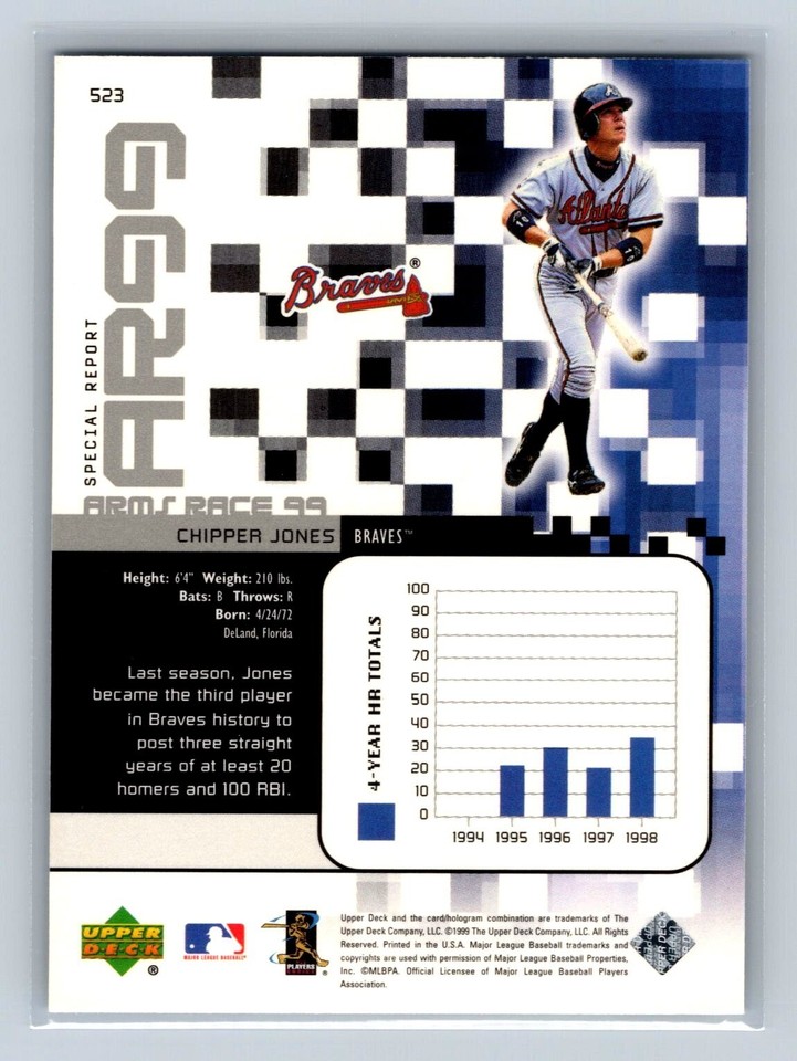 CHIPPER JONES 1999 Upper Deck ARMS RACE AR99 Insert #523 Atlanta Braves ...